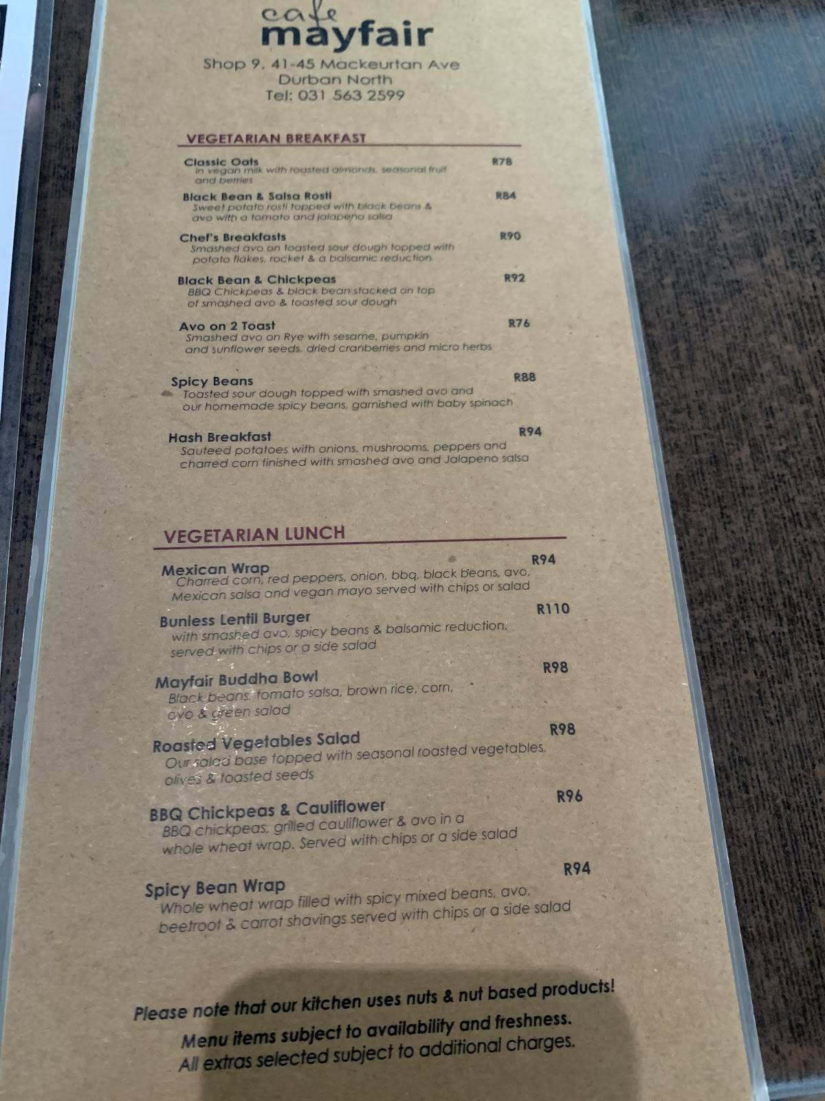 Menu at Mayfair Cafe., Durban