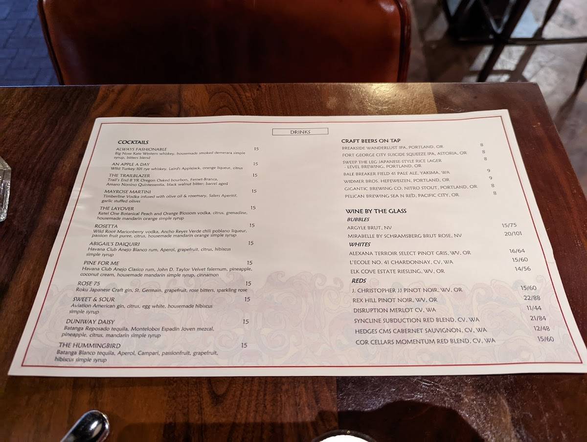 Menu at Mayrose restaurant, Portland