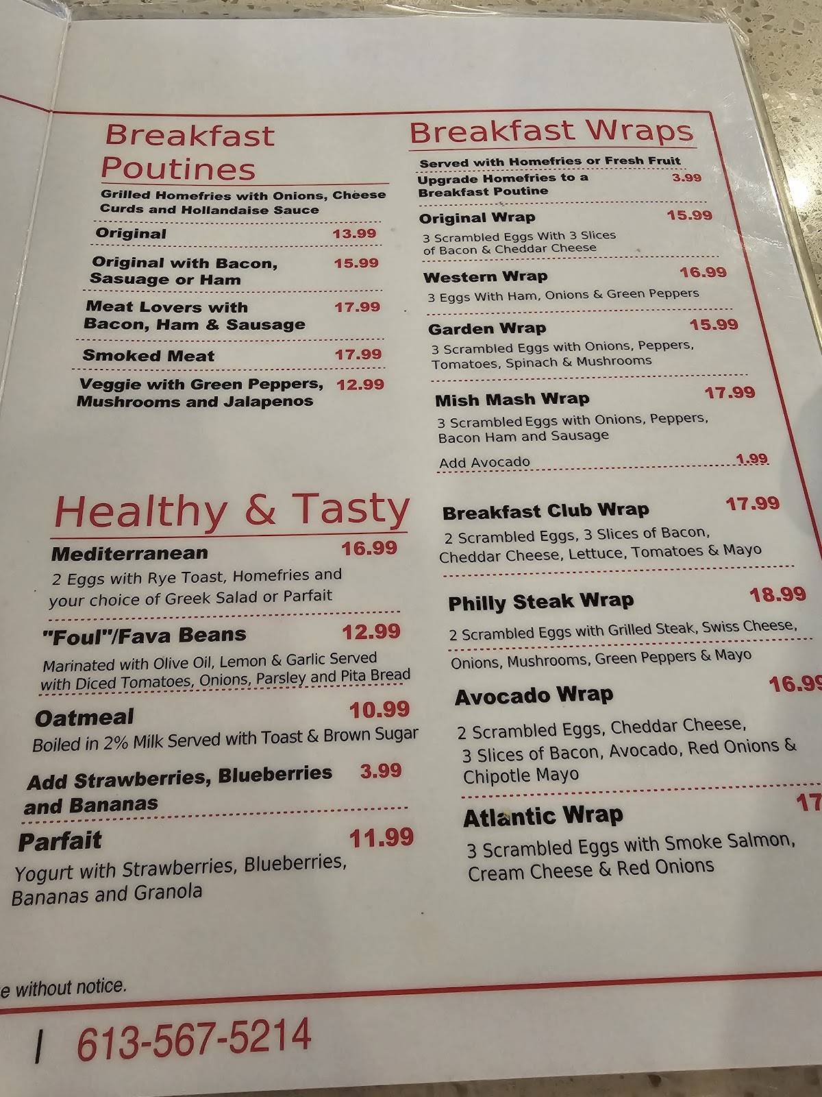 Menu at Meadows Diner restaurant, Ottawa