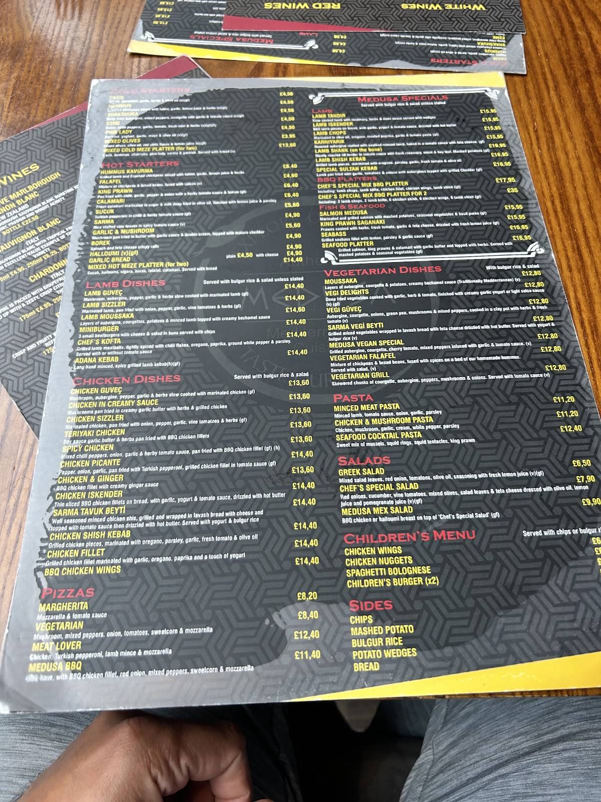 Carta del restaurante Medusa, Lancaster