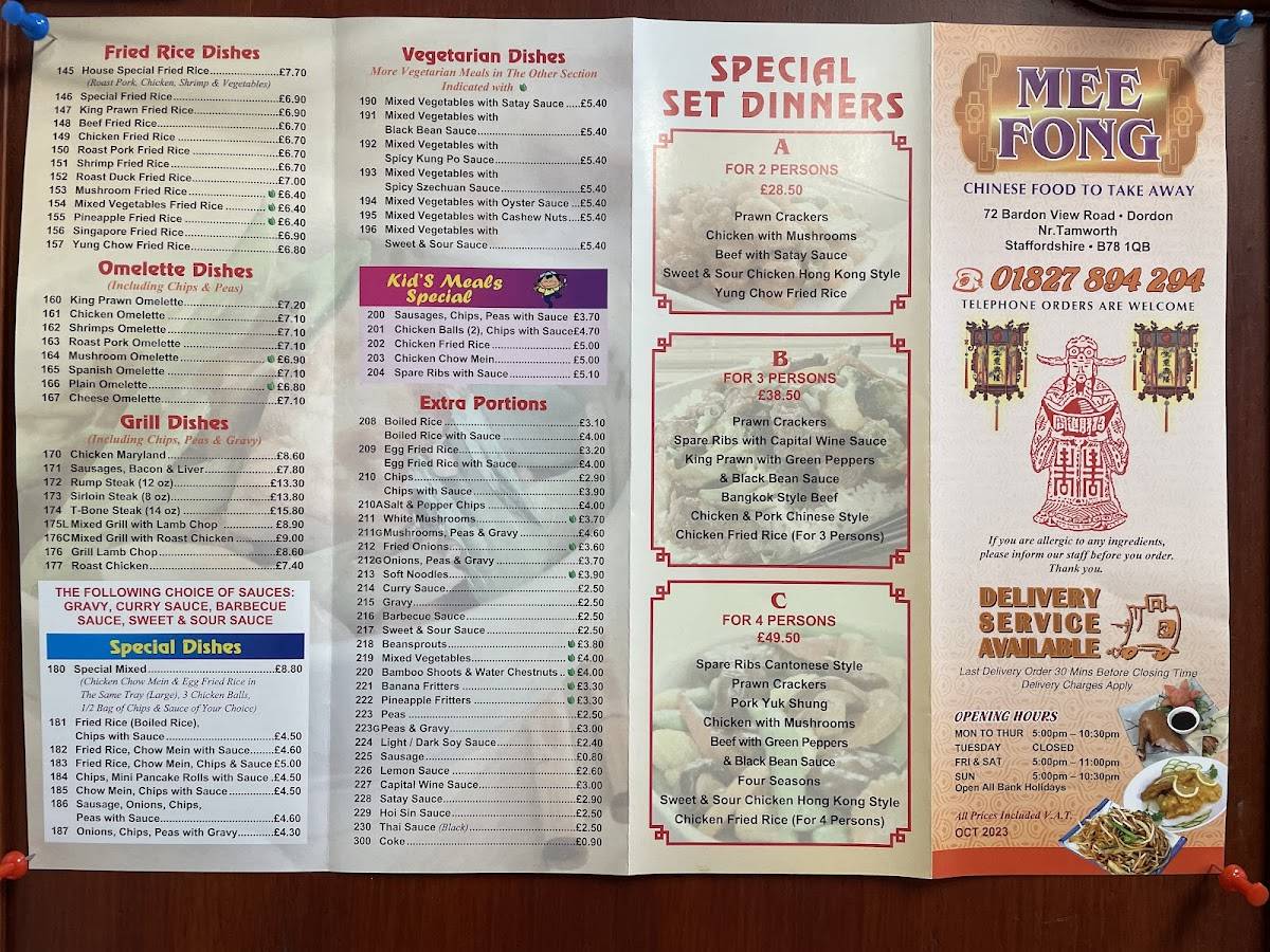 Menu at Mee Fong fast food, Tamworth