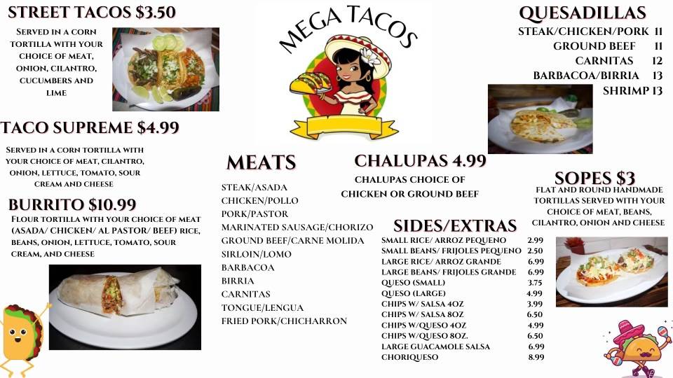 Menu at Mega Tacos restaurant, Indianapolis