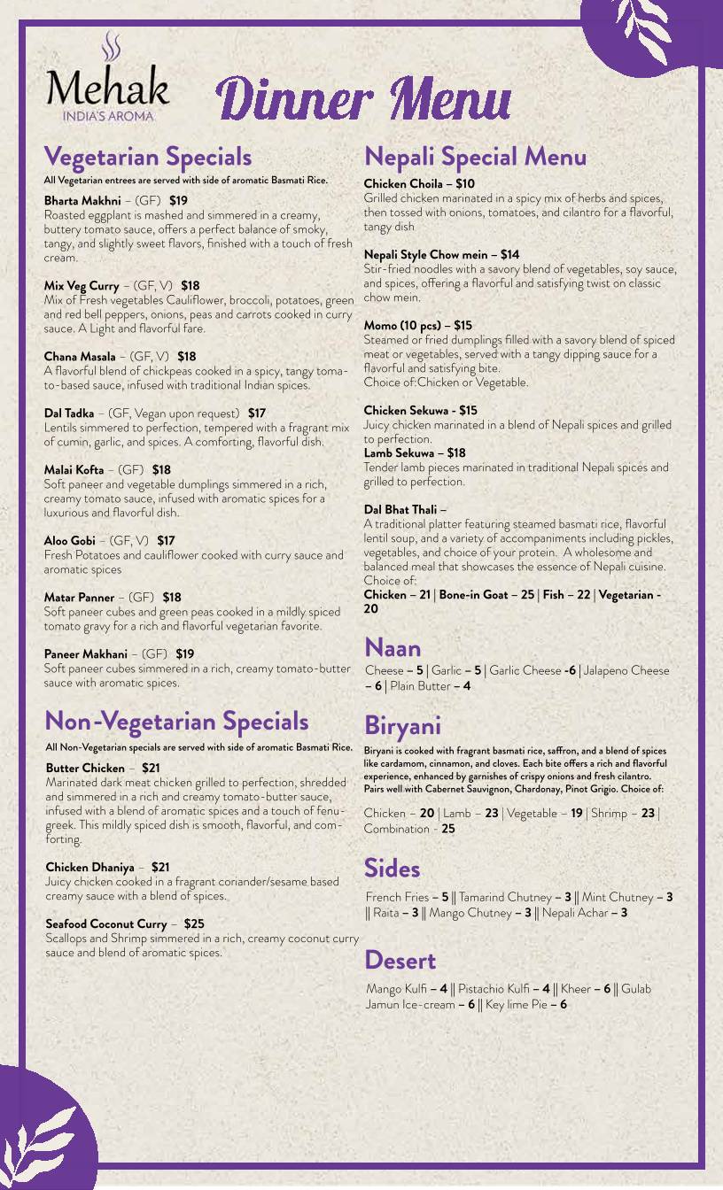 Menu at Mehak India's Aroma restaurant, Denver, 250 Steele St Suite 100