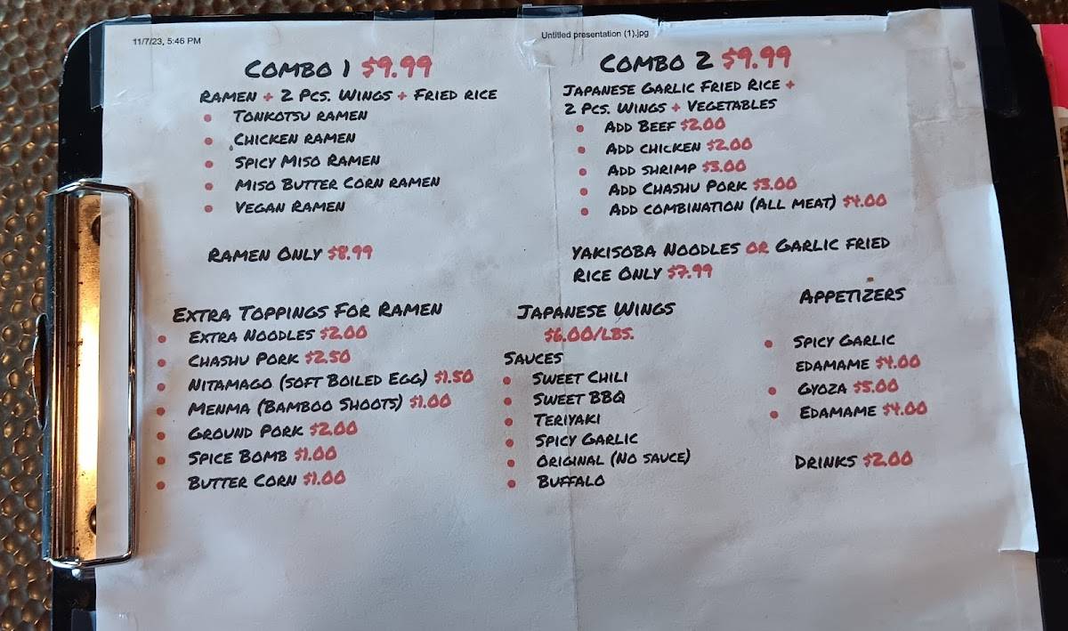Menu at Meiji Ramen Bar, Edmond