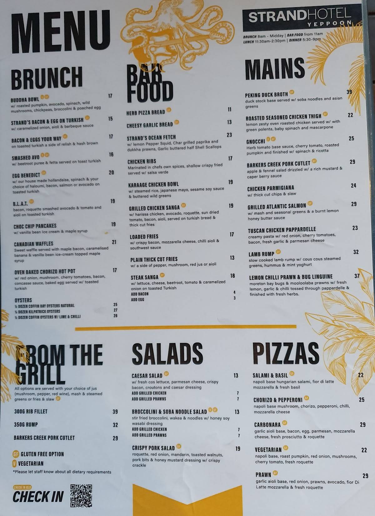 Menu at The Strand Hotel pub & bar, Yeppoon