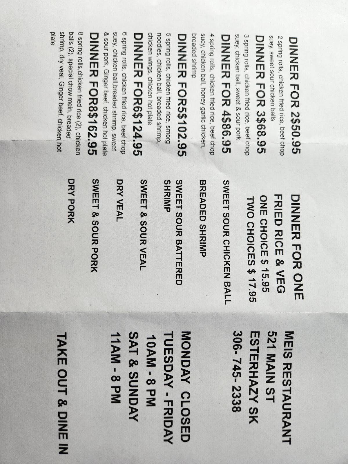 Menu at Mei's Family Restaurant, Esterhazy