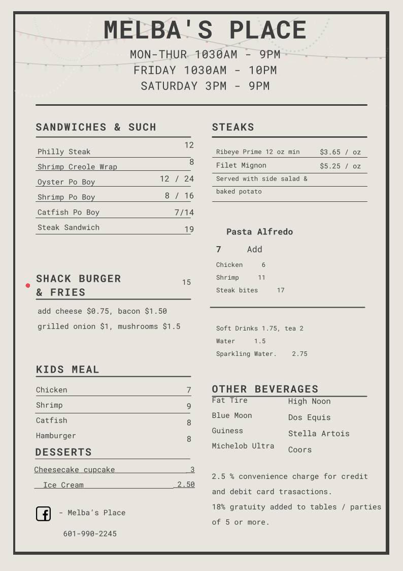 Menu at Melba's Place restaurant, Brookhaven