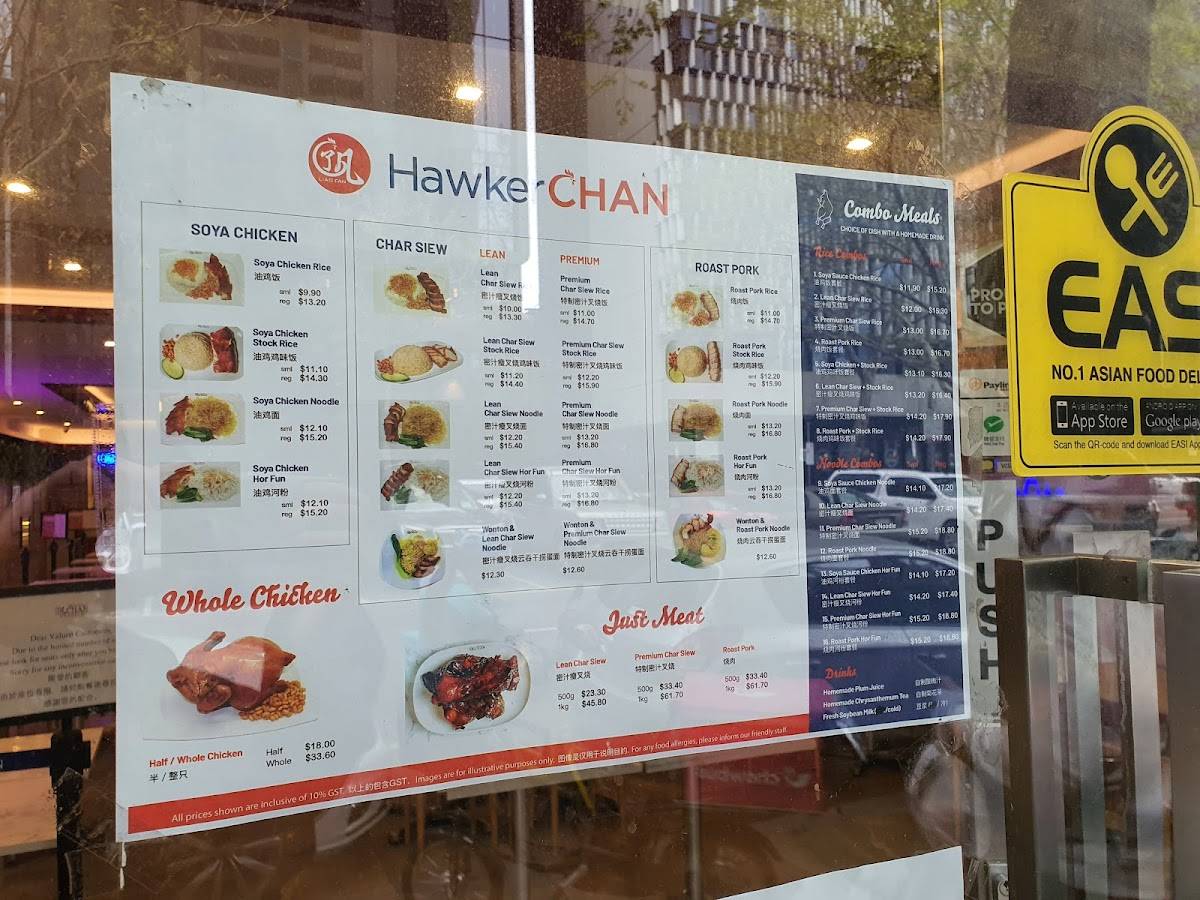Menu at Hawker Chan restaurant, Melbourne, 157 Lonsdale St