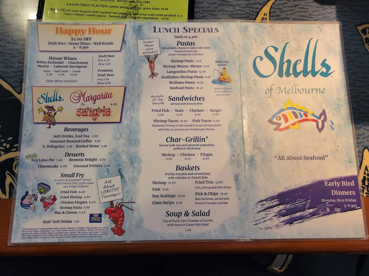 Menu at Shells of Melbourne restaurant, Melbourne