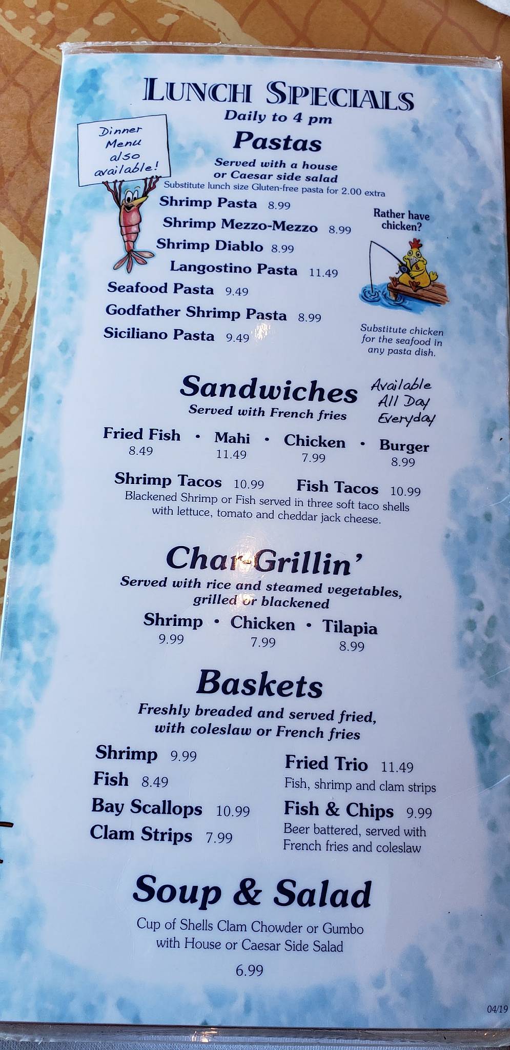 Menu at Shells of Melbourne restaurant, Melbourne