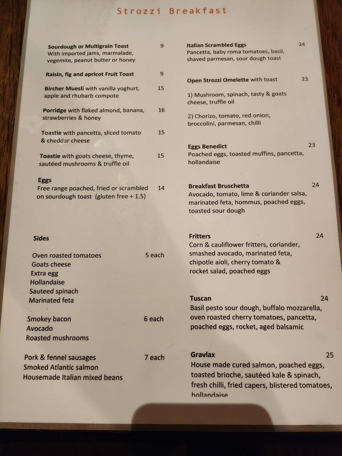 Menu at Strozzi restaurant, Melbourne