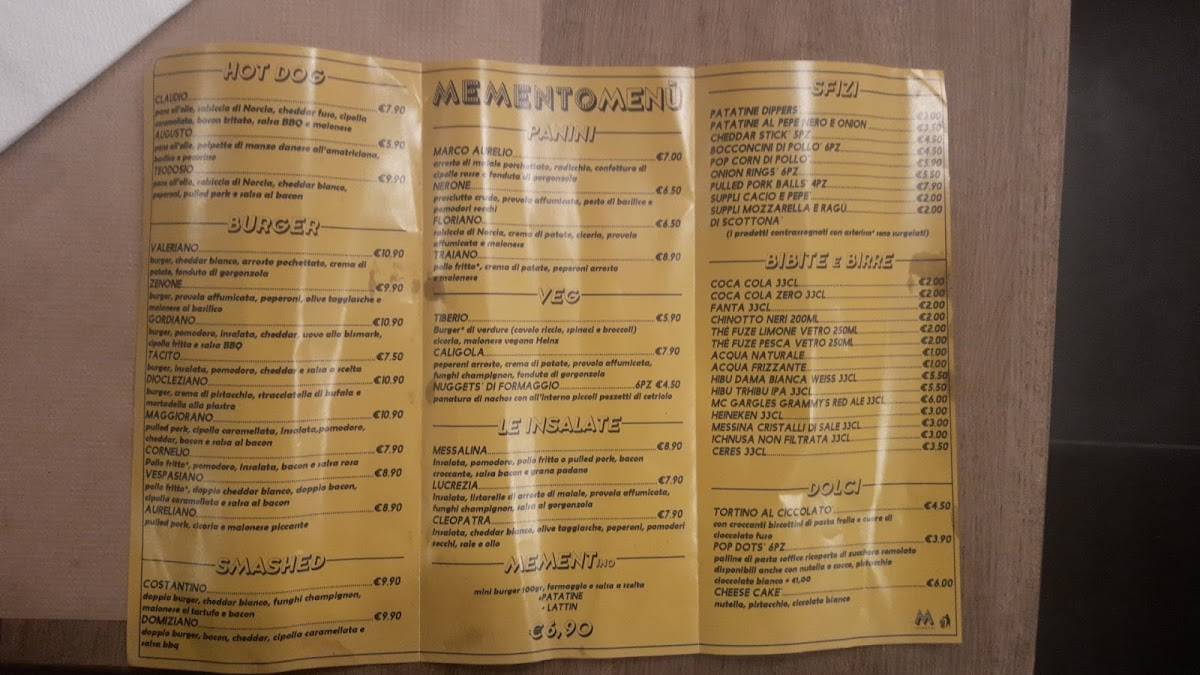 Carta del restaurante Memento Burger Cassia, Roma