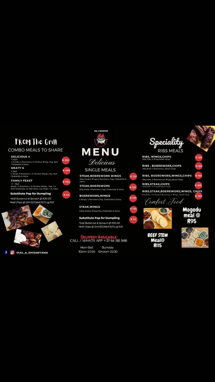 Menu at Menlyn Dial A Shisanyama restaurant, Pretoria