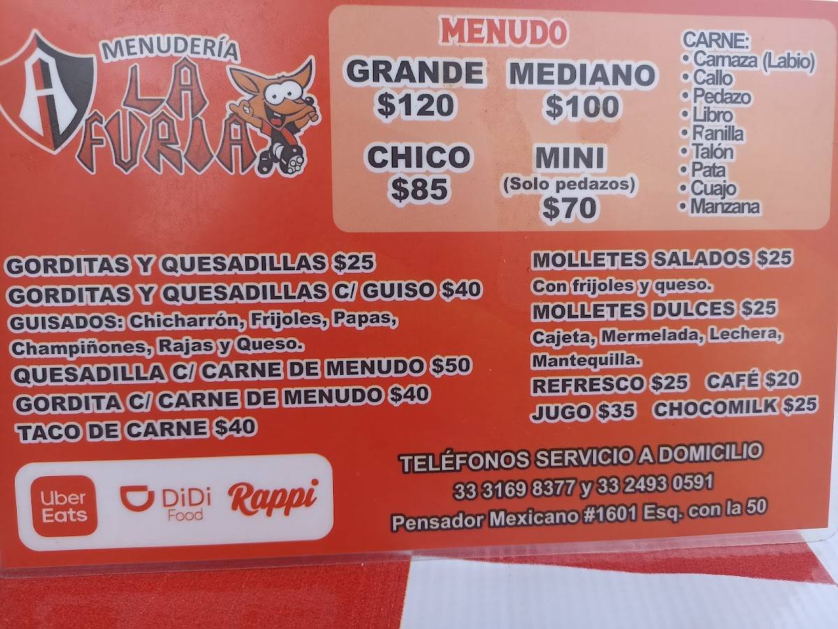 Carta del restaurante Menudería La Furia, Guadalajara