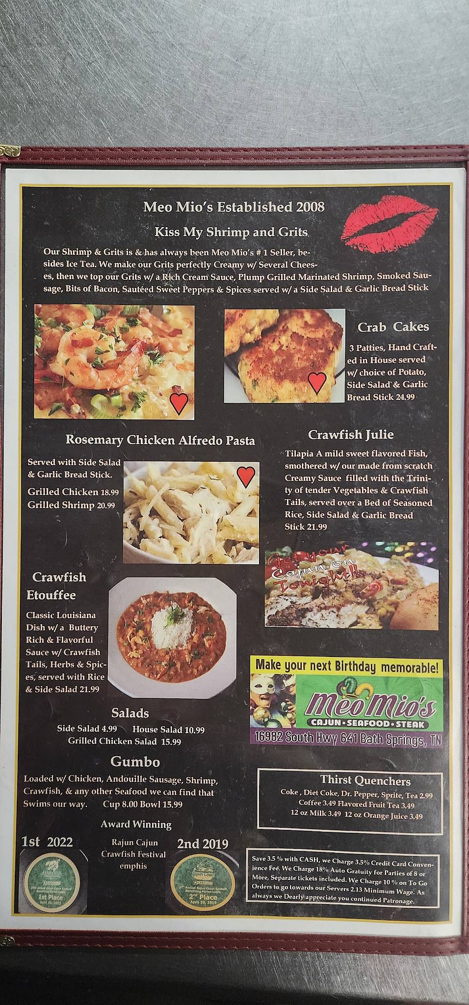 Menu at Meo Mio's Cajun, Steak & Seafood Restaurant, Bath Springs, TN-69