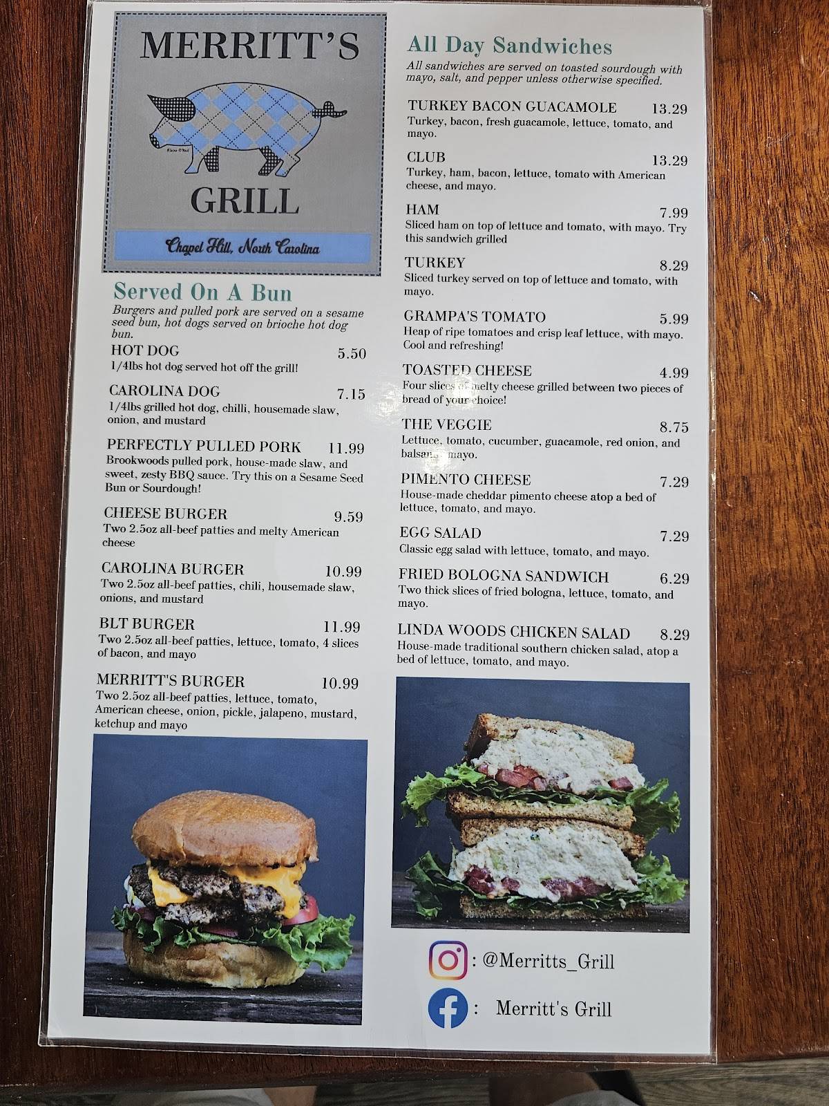 Menu at Merritt's Grill restaurant, Chapel Hill