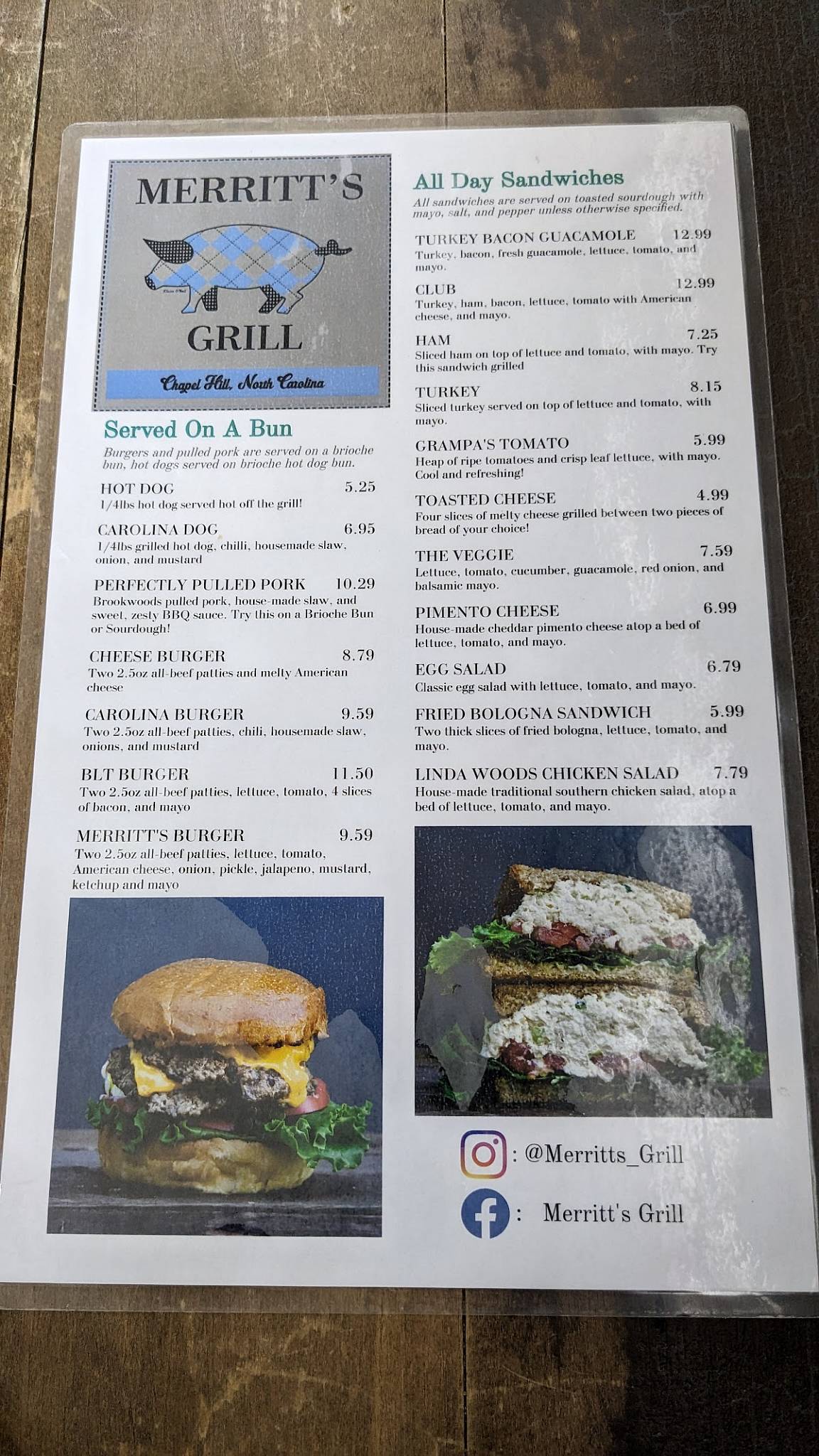 Menu at Merritt's Grill restaurant, Chapel Hill