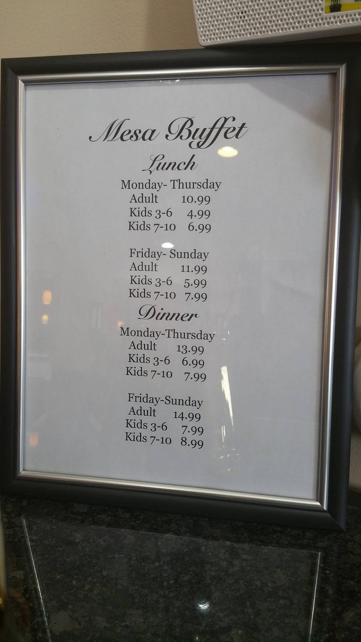 Menu at Mesa Buffet restaurant, Springfield
