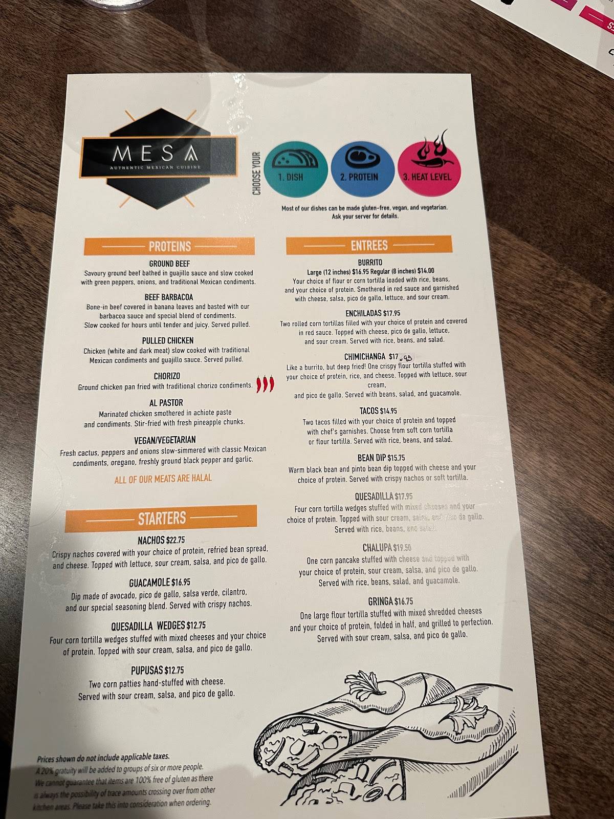 Menu at Mesa restaurant, Hamilton