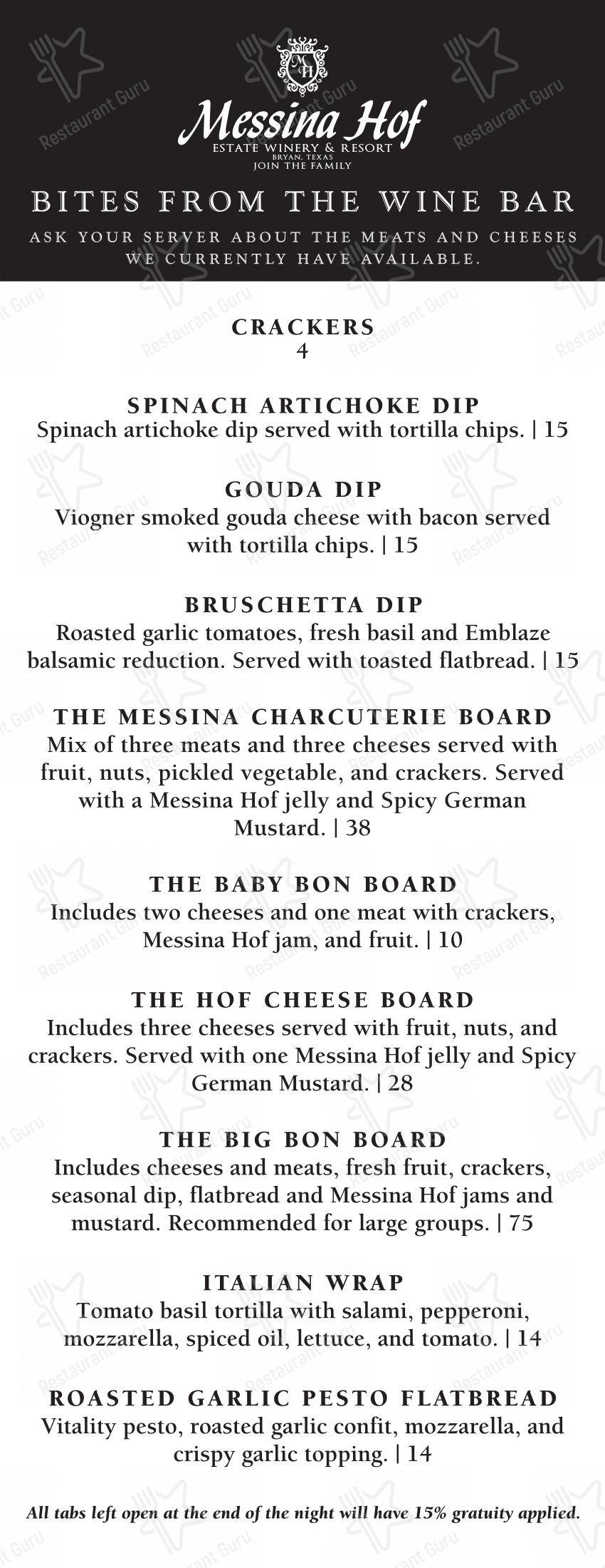 Menu at Messina Hof Estate Winery pub & bar, Bryan