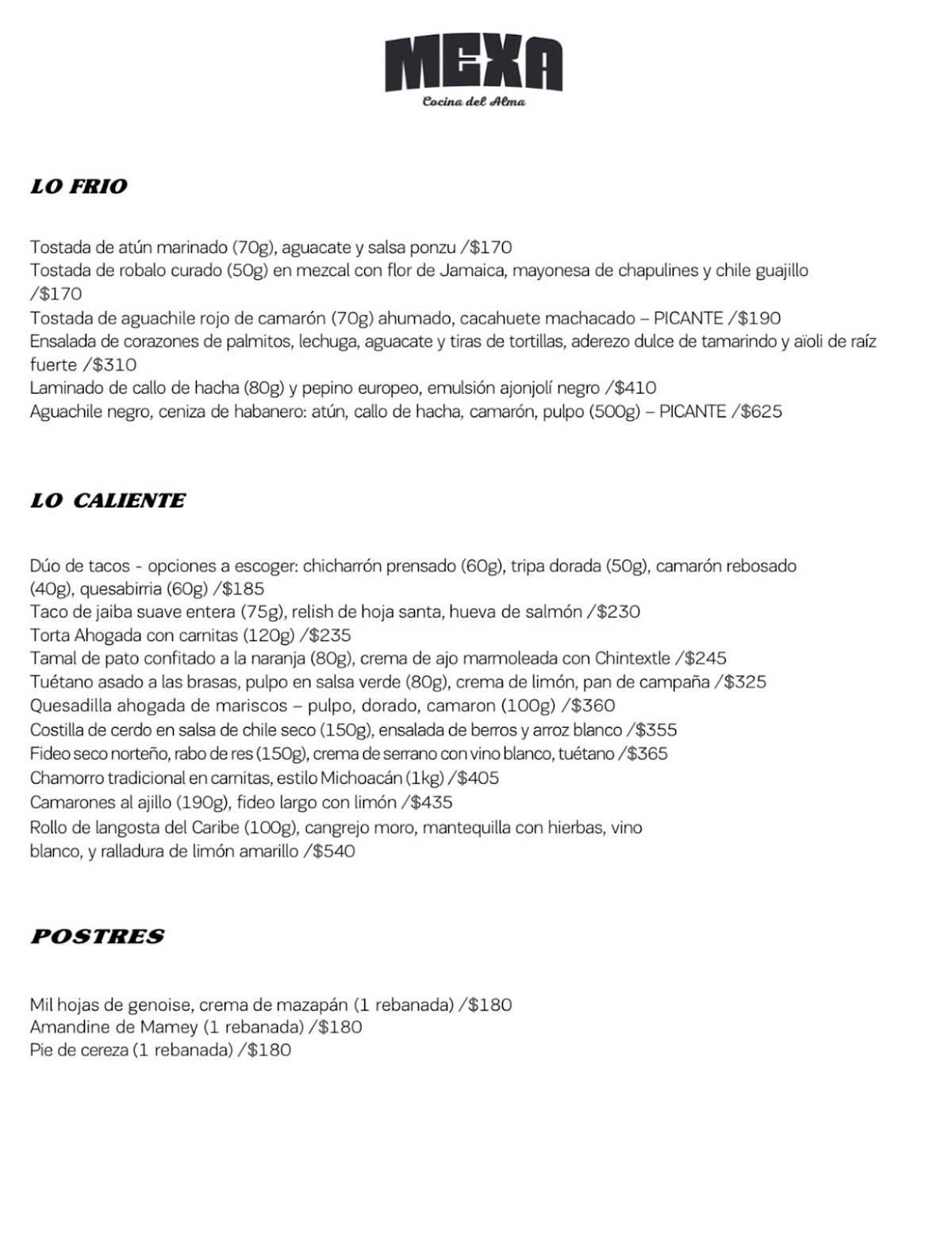 Carta del pub y bar Mexa Cocina del Alma, Ciudad del México, Av. Álvaro ...