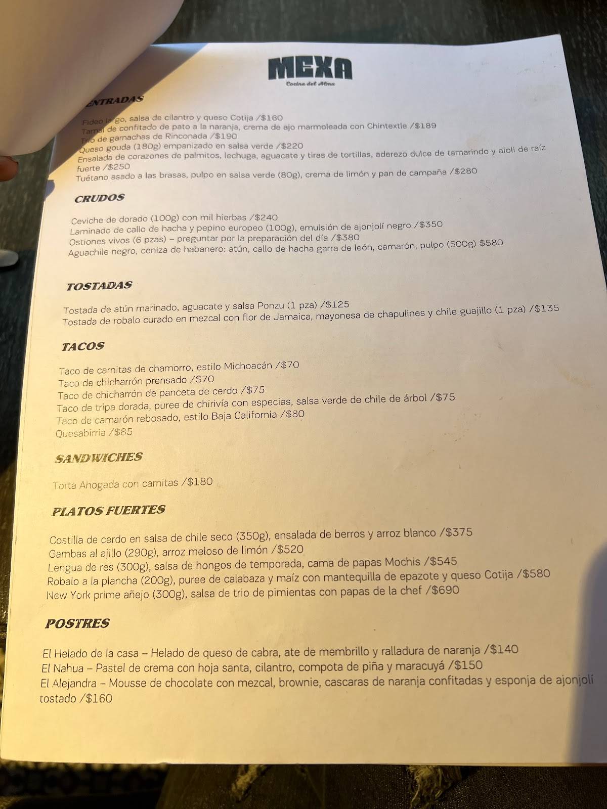 Carta del pub y bar Mexa Cocina del Alma, Ciudad del México, Av. Álvaro ...
