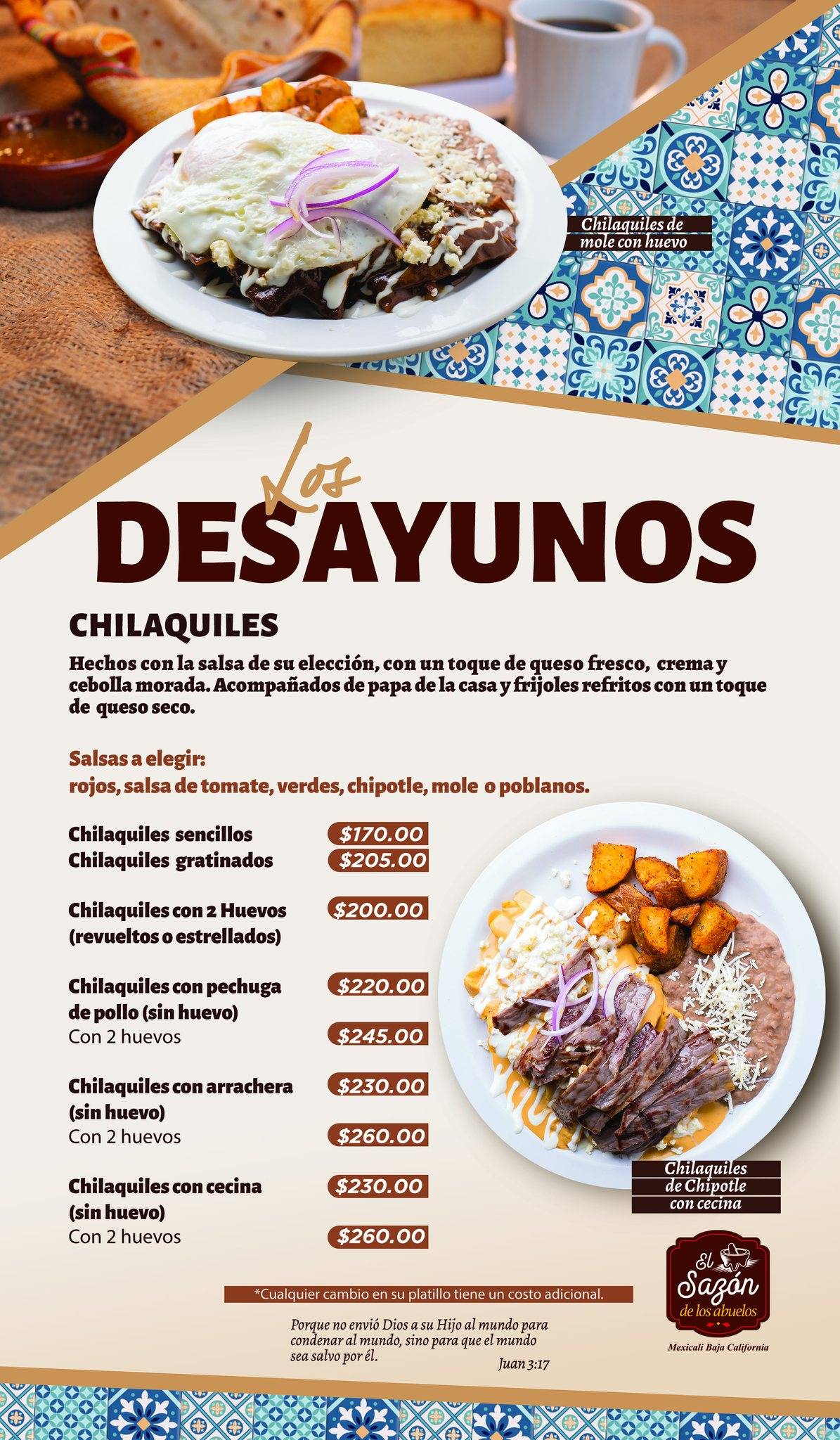 Carta del restaurante El Sazón del los Abuelos Mexicali, Mexicali
