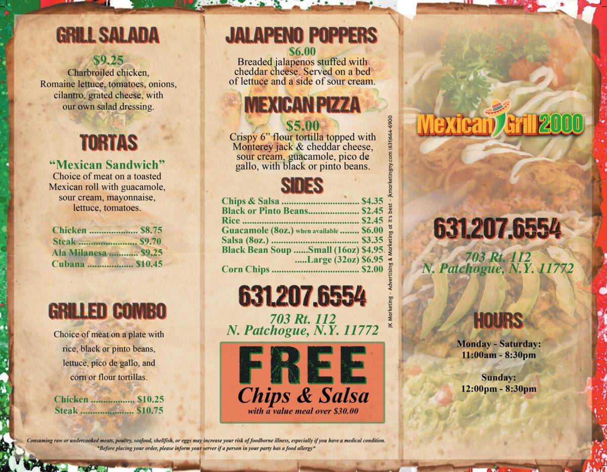 Menu at Mexican Grill 2000 restaurant, Patchogue