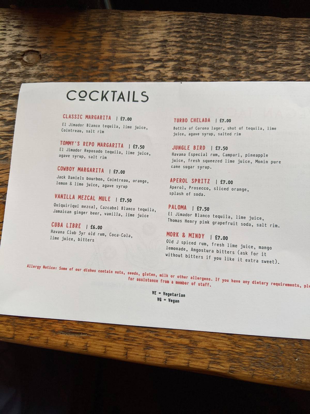 Menu at Mexico 70 restaurant, Sunderland