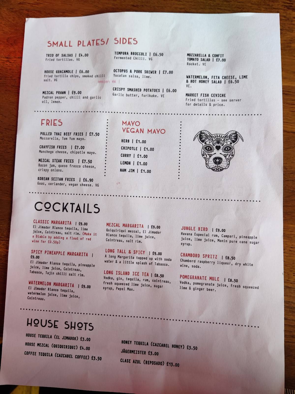 Menu at Mexico 70 restaurant, Sunderland