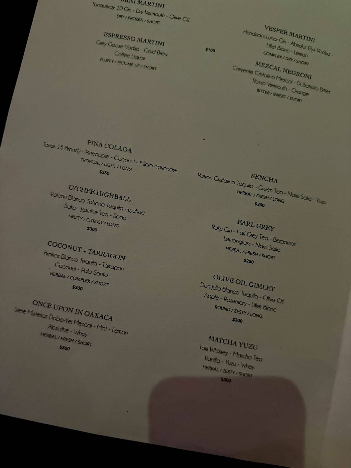 Menu at Handshake Speakeasy pub & bar, Mexico City, C. Amberes 65