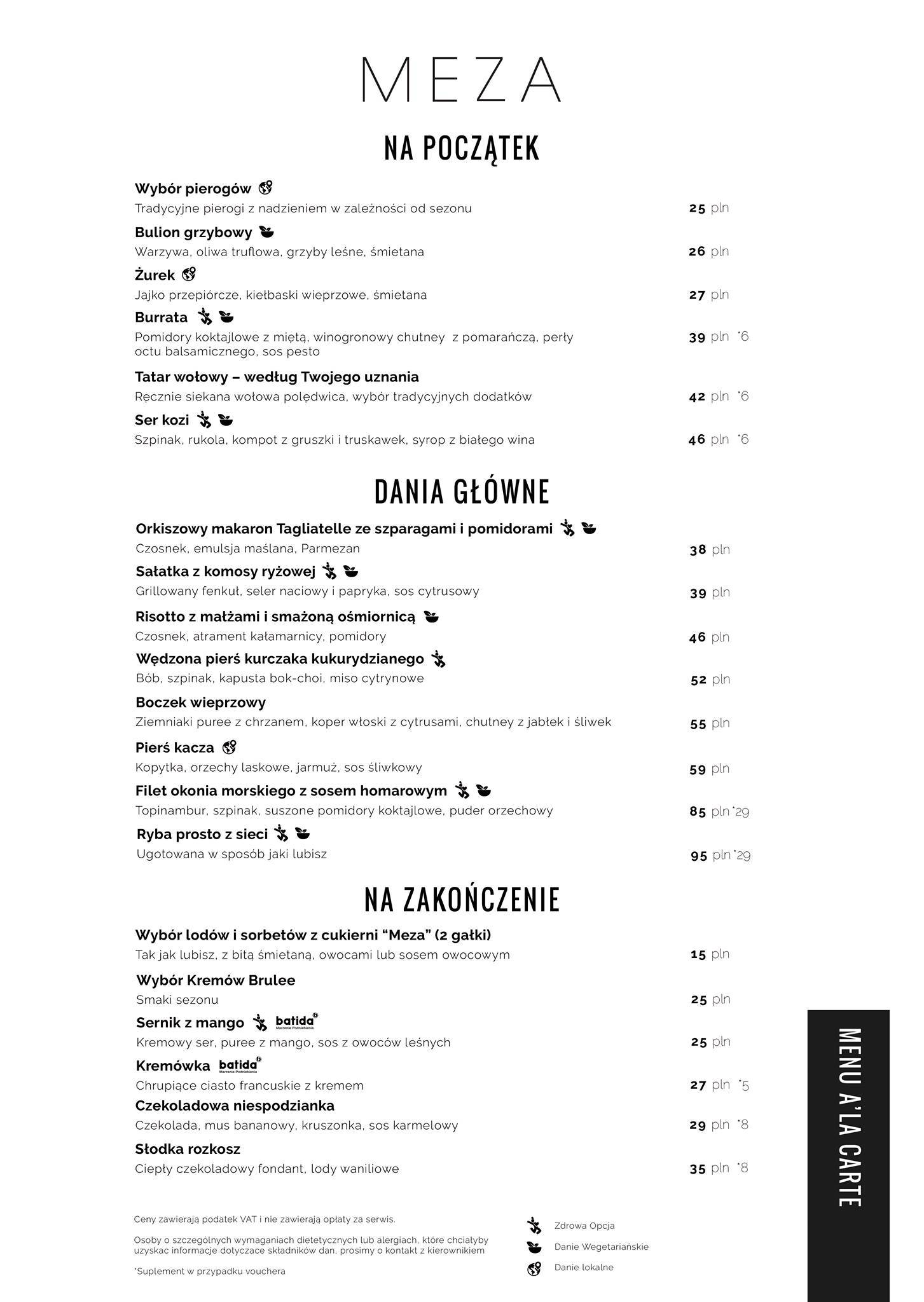 Menu at Meza restaurant, Warsaw