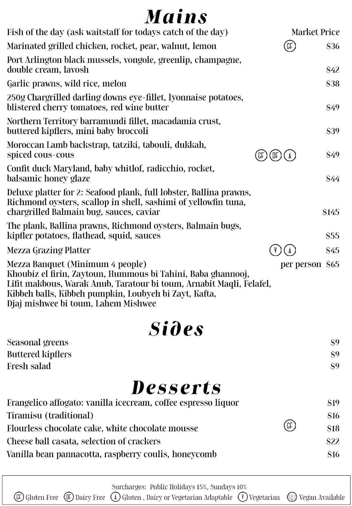 Menu at Mezza @ the Point restaurant, Ballina
