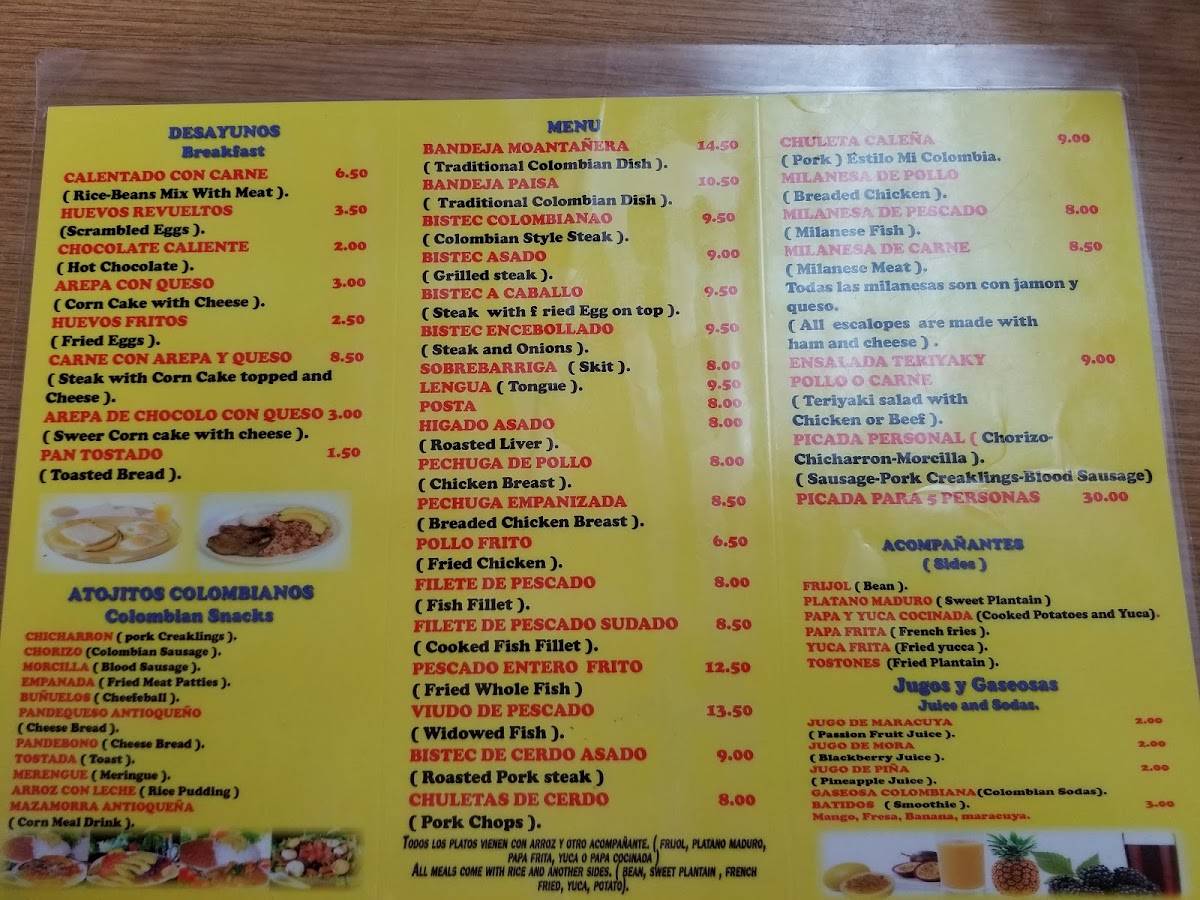 Menu at Mi Colombia cafeteria Miami Beach, Miami Beach