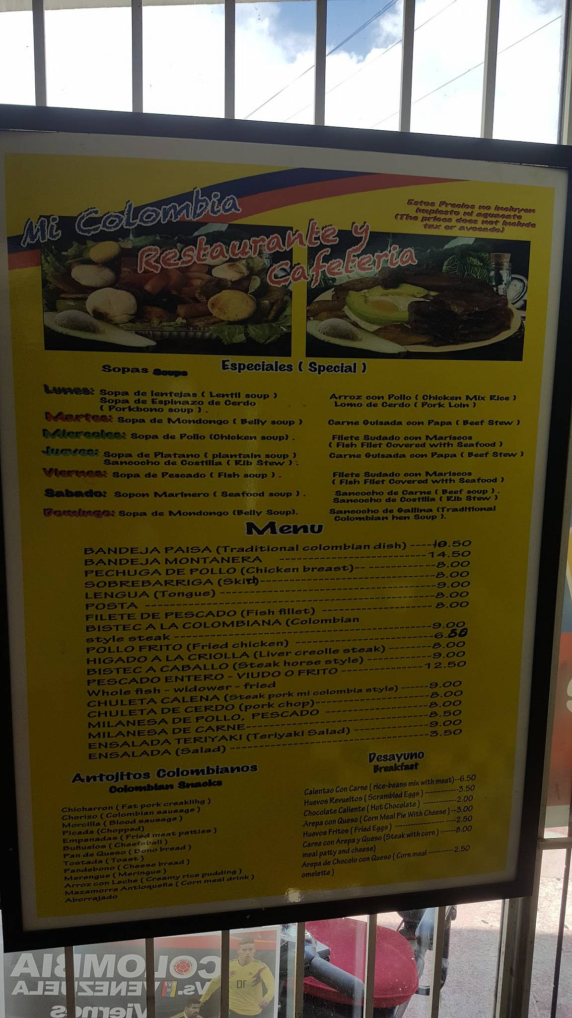 Menu at Mi Colombia cafeteria Miami Beach, Miami Beach