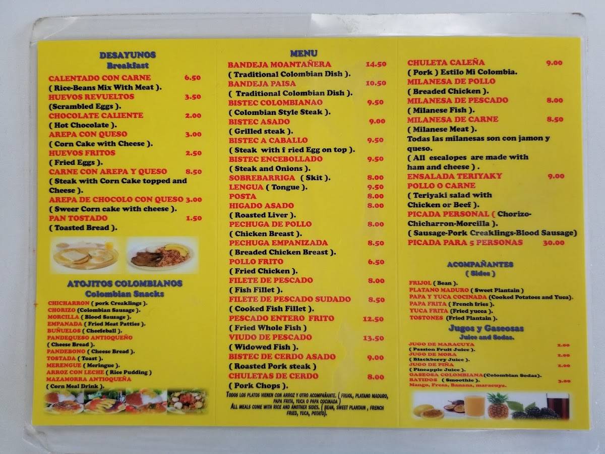 Menu at Mi Colombia cafeteria Miami Beach, Miami Beach