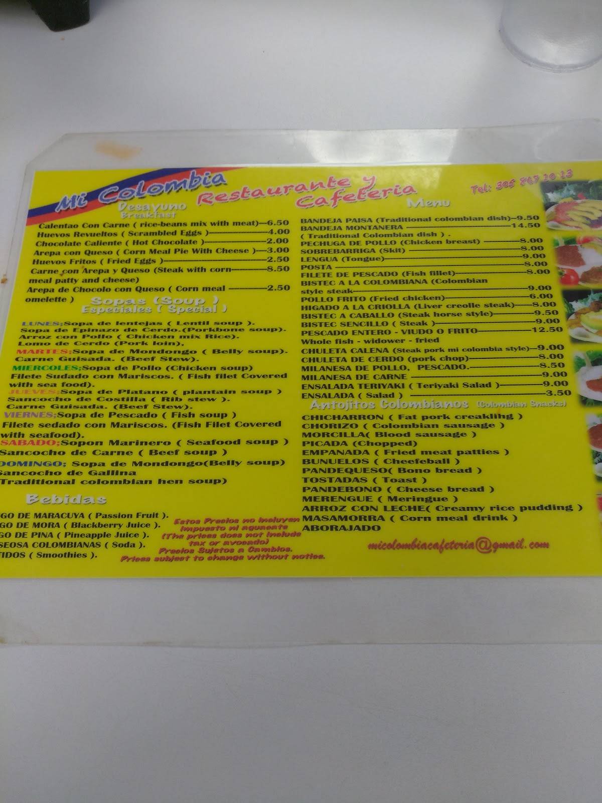Menu at Mi Colombia cafeteria Miami Beach, Miami Beach