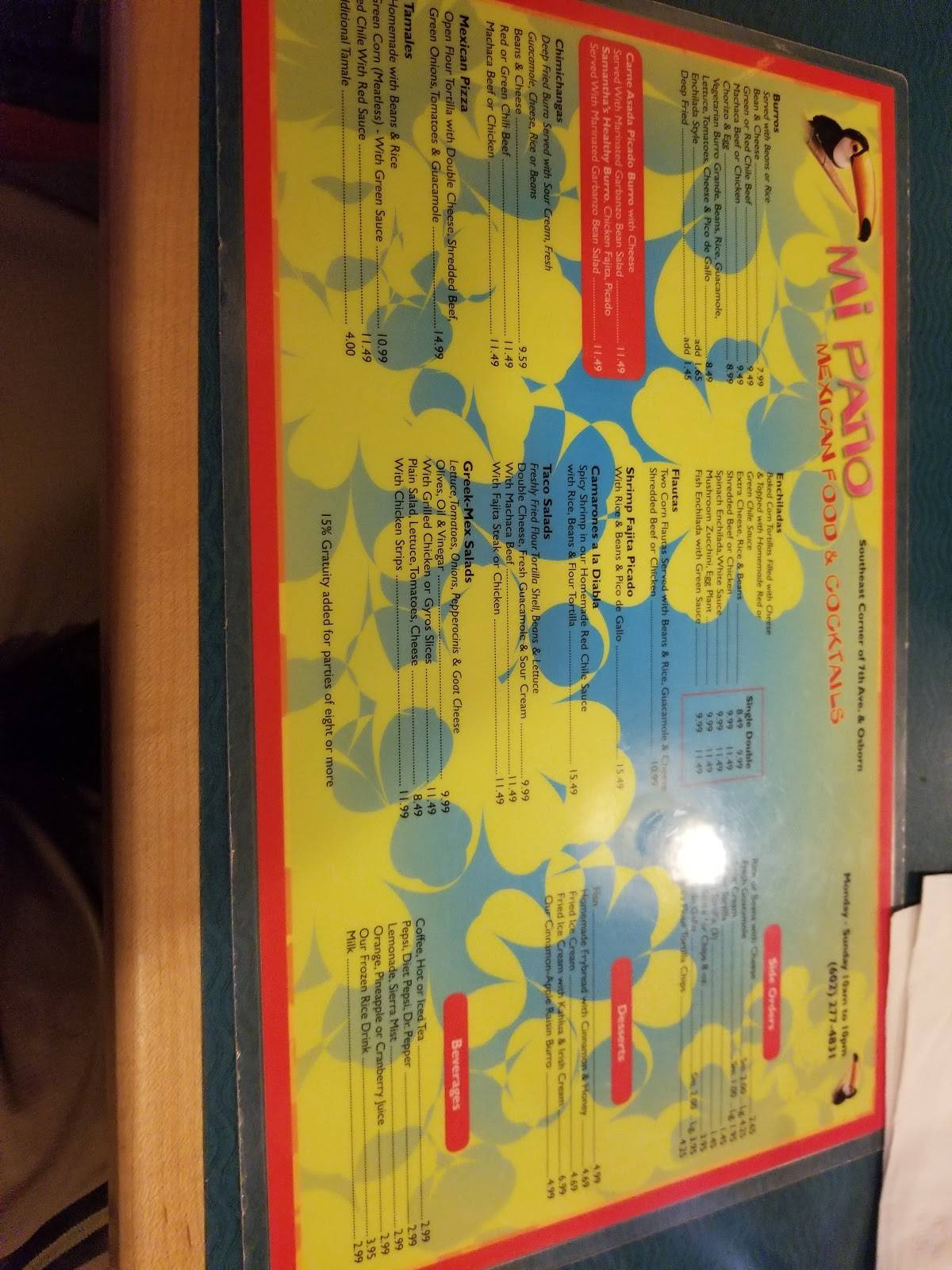 Menu at Mi Patio Mexican Restaurant, Phoenix