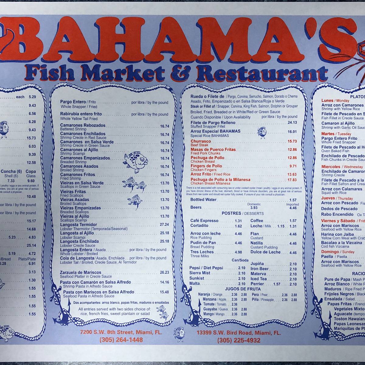 Menu at Bahamas Fish Market & Restaurant, Miami