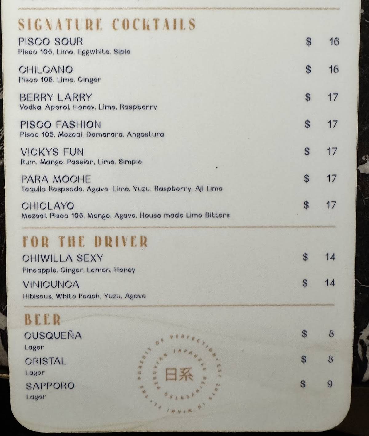 Carta del restaurante INTIMO, Miami Beach