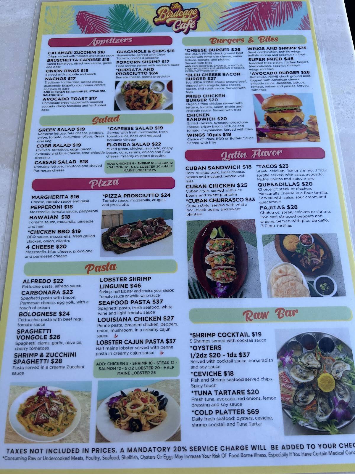 Menu at The Birdcage Cafe, Miami Beach