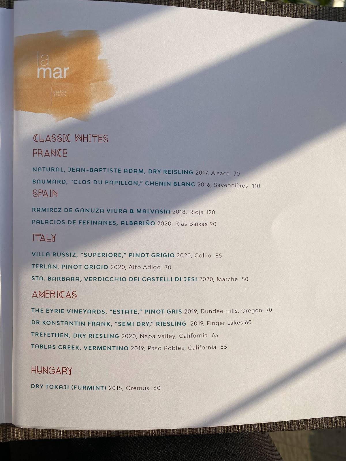 Menu at La Mar by Gastón Acurio restaurant, Miami