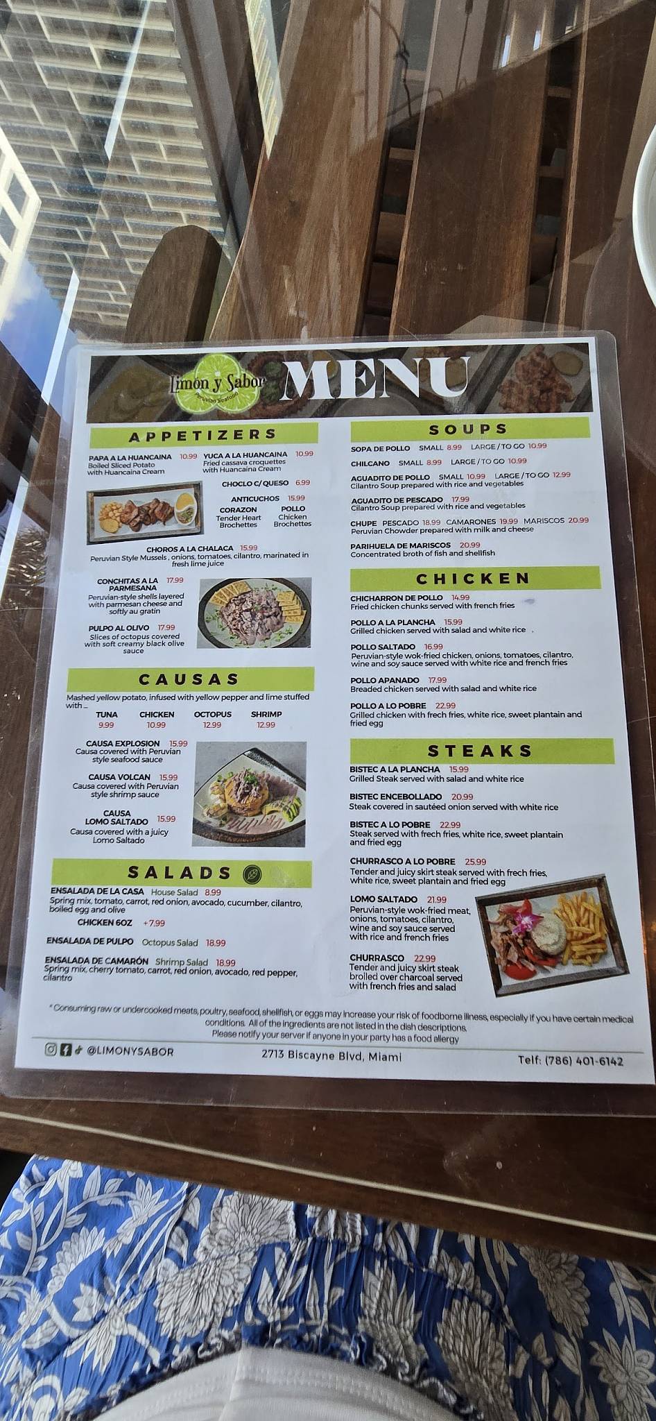 Menu at Limon y Sabor Peruvian Seafood restaurant, Miami