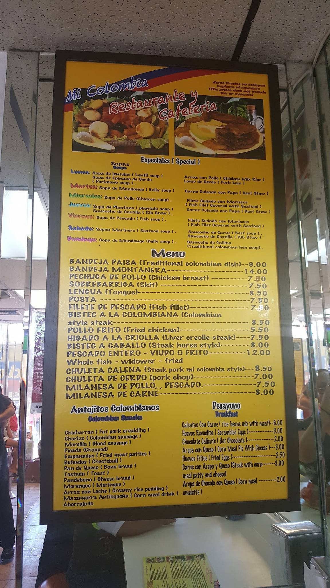 Menu at Mi Colombia cafeteria Miami Beach, Miami Beach