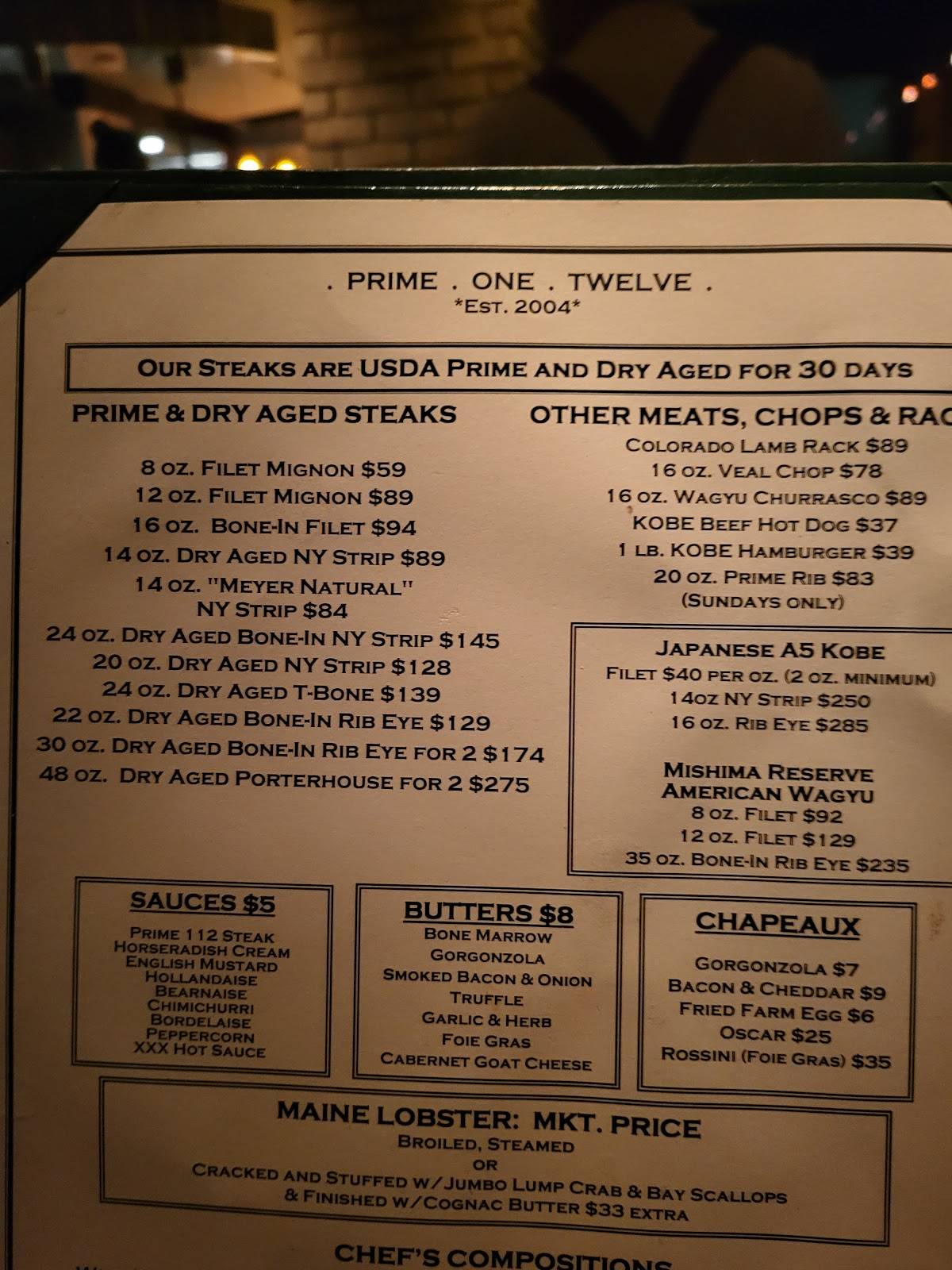 Menu at Prime 112 Restaurant, Miami Beach