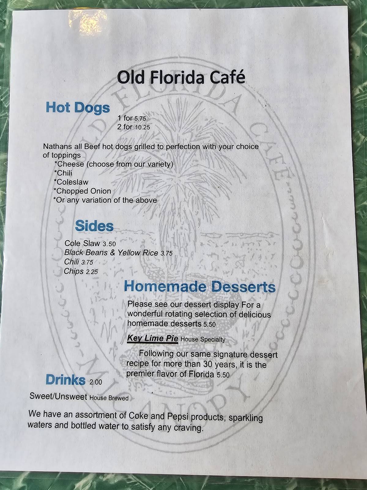 Menu at Old Florida Cafe, Micanopy, 203 NE Cholokka Blvd