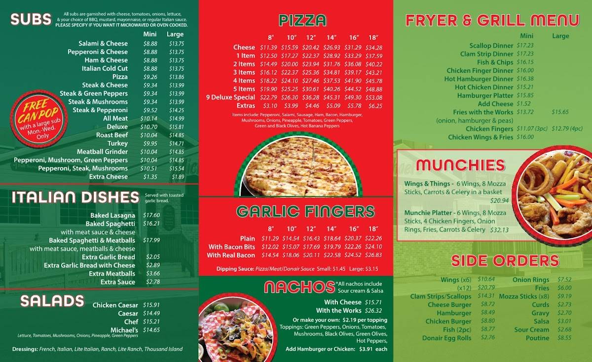 Menu at Michael's Pizzeria, Summerside