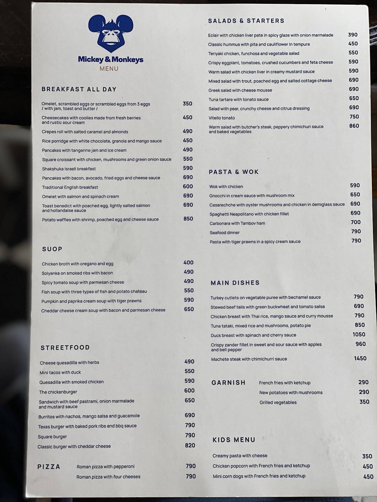 Menu au Mickey & Monkeys restaurant, Saint-Petersbourg