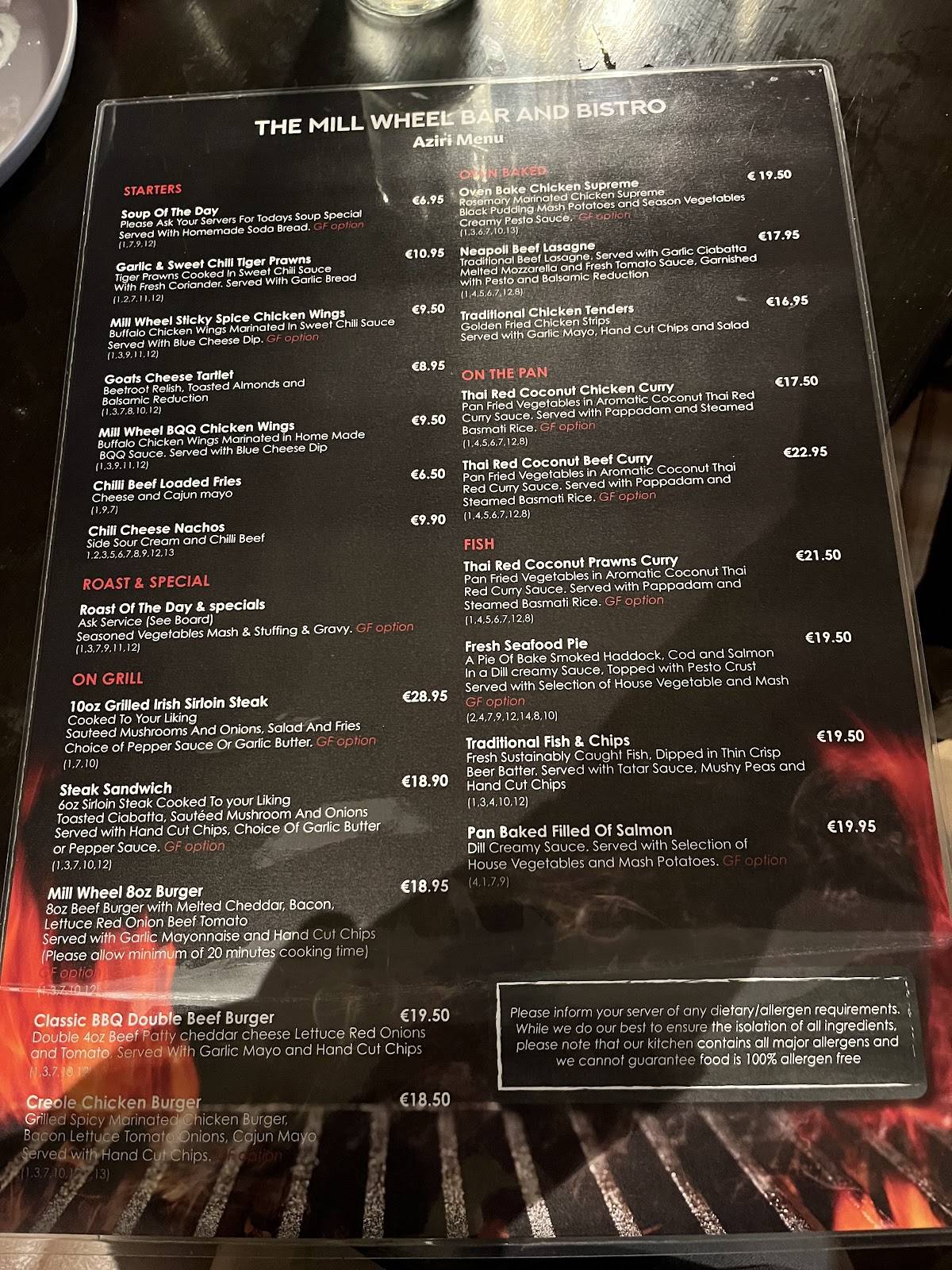 Menu at The Mill Wheel Bar and Bistro, Midleton, 4 Mill Rd.