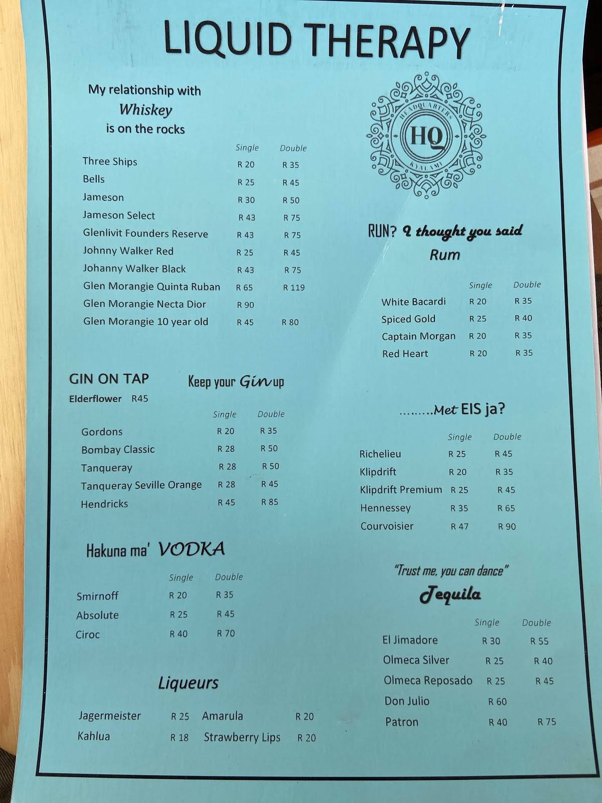 Menu at HQ Kyalami restaurant, Midrand, Kyalami Business Park